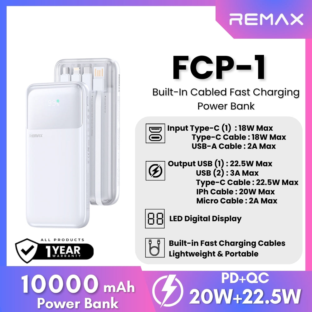 REMAX - FCP-1 10000mAh Built-In Cabled Fast Charging Power Bank ( PD20 – Remax Online Shop